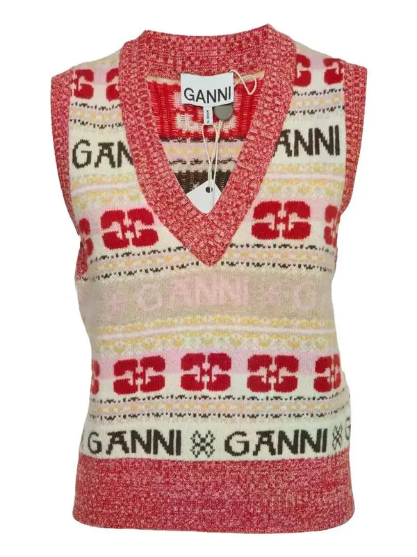 GANNI V-neck Knit Vest - Neutrals