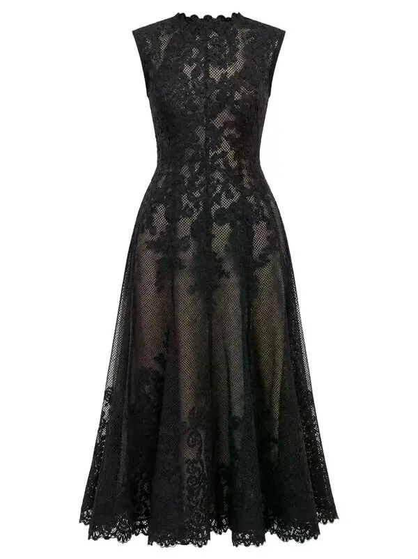 GEMY MAALOUF Embroidered Lace-overlay Midi Dress - Black