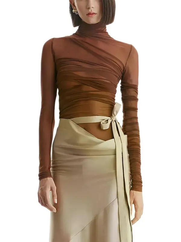 2310 STUDIO Ruched Sheer Top - Brown