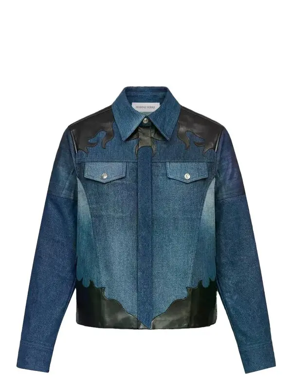 MARINE SERRE Paneled Denim Jacket With Leather Accents - Blue