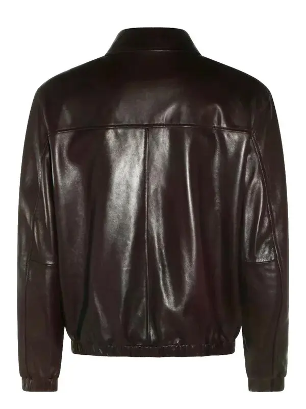 Canali Burgundy Calf Leather Zip-up Jacket - Brown