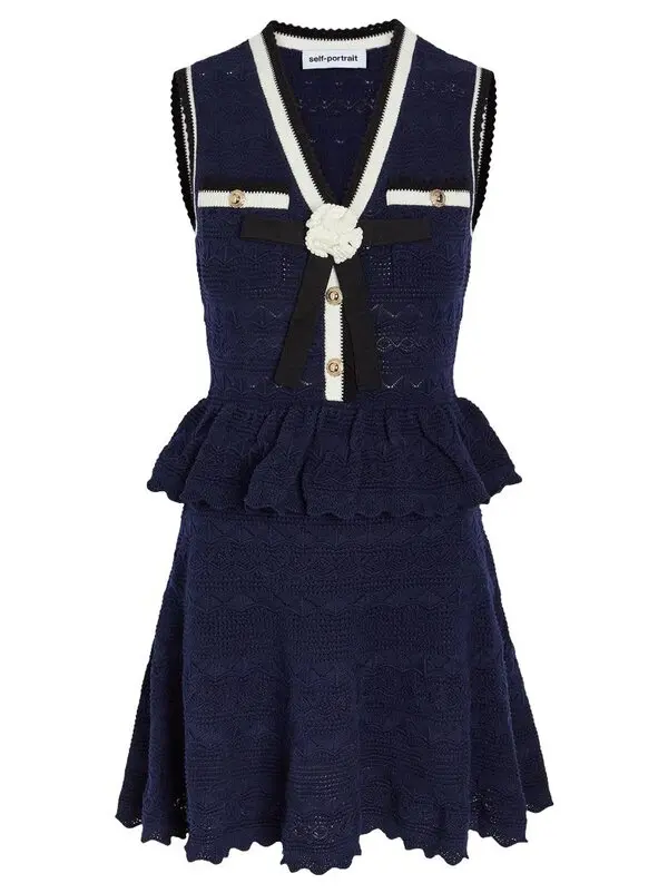 SELF-PORTRAIT Peplum Pointelle-knit Mini Dress - Navy
