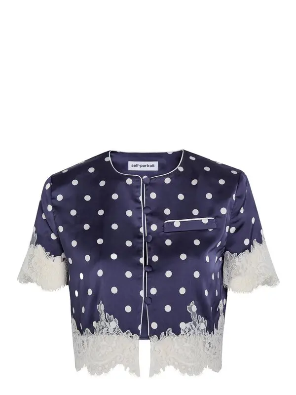 SELF-PORTRAIT Polka Dot Lace-trim Satin Cropped Top - Navy