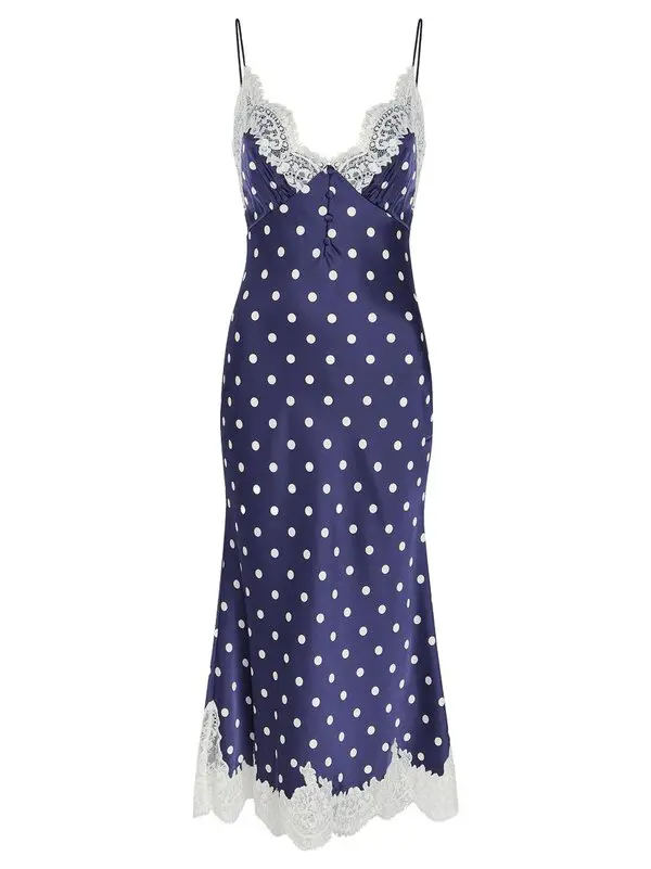 SELF-PORTRAIT Polka Dot Lace-trim Satin Midi Dress - Navy