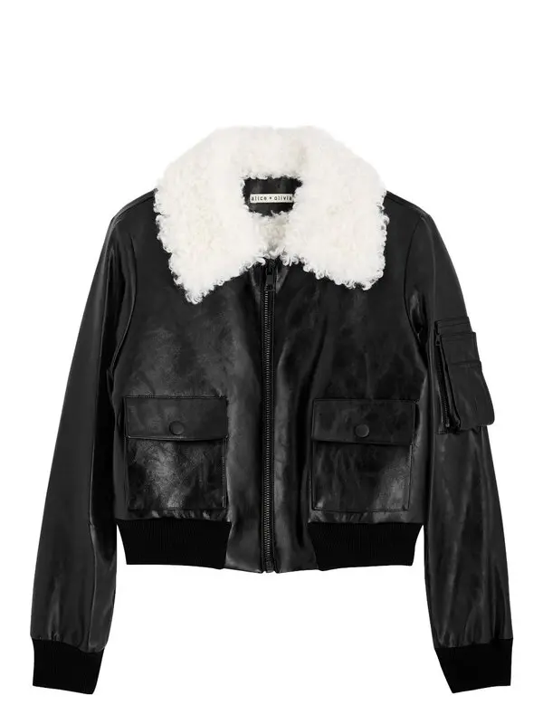 Alice + Olivia Faux Fur-trimmed Faux Leather Aviator Jacket - Black