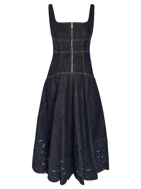SELF-PORTRAIT Panelled Embroidered Denim Midi Dress - Blue