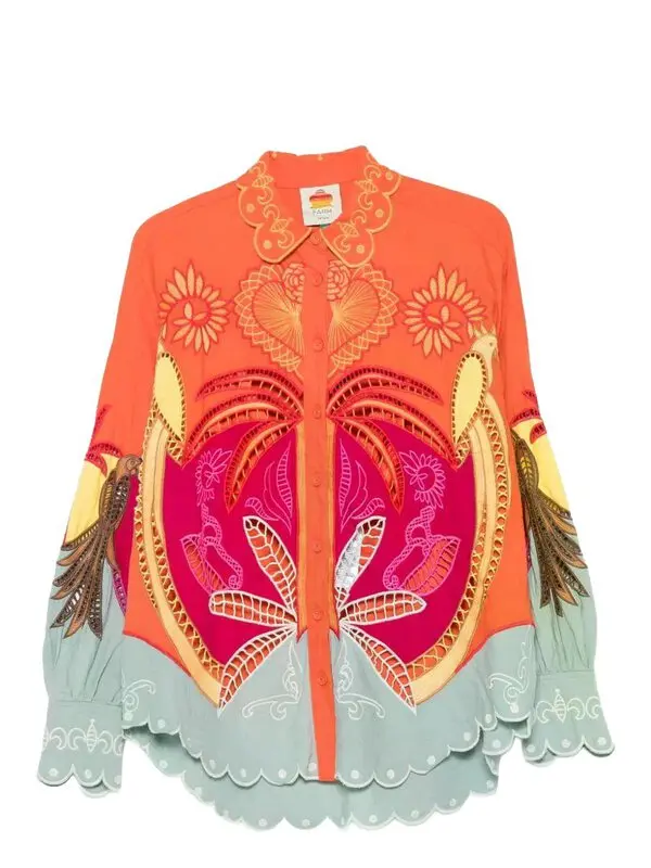 Farm Rio Embroidered Scalloped-edge Shirt - Orange