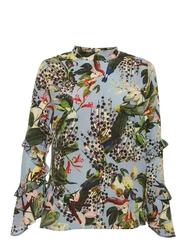 Sandro Louella Floral-print Top With Ruffle-trim Sleeves - Blue