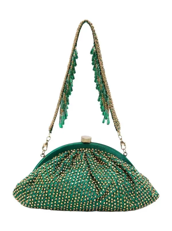 SLO_HAND_MADE Emerald Beaded Fringed Clutch - Green