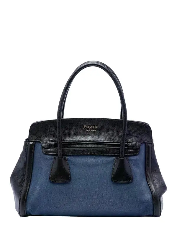 Prada Bicolor Saffiano Leather Trimmed Canvas Satchel - Blue