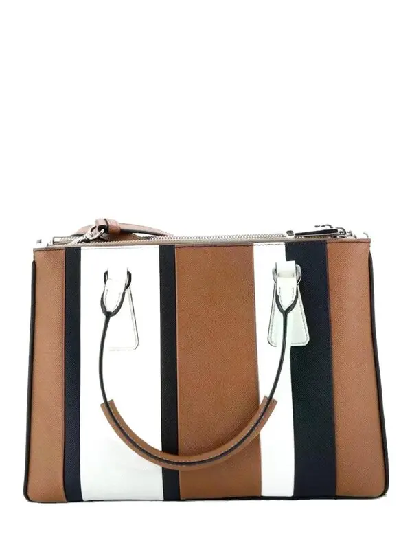 Prada Double Zip Lux Striped Saffiano Leather Small Tote Bag - Black