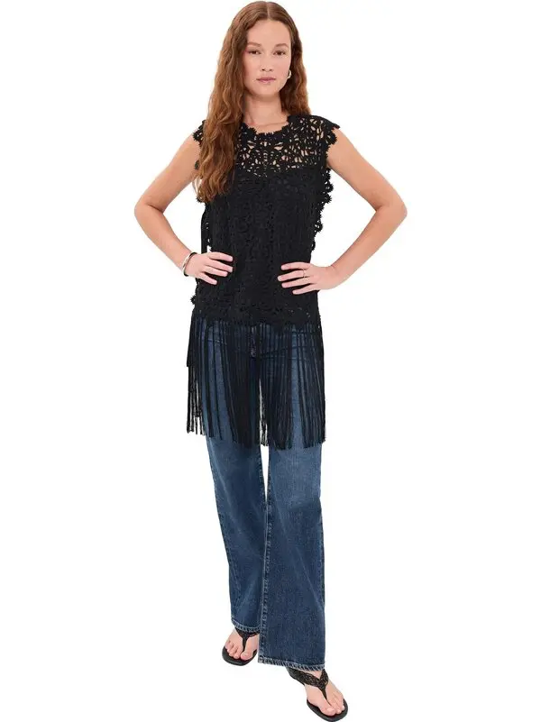 Sea Alina Lace Top With Fringe Trim - Black