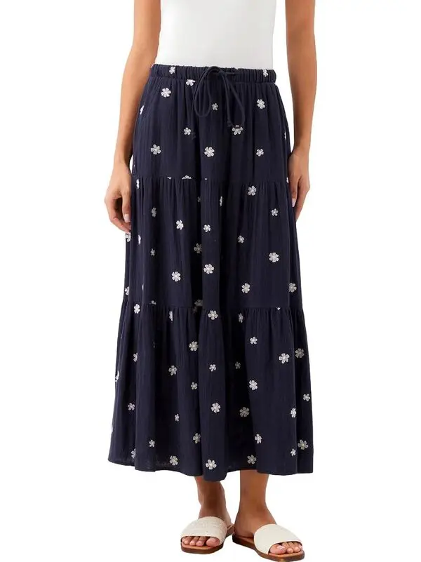 Karen Kane Embroidered Tiered Cotton Midi Skirt - Navy