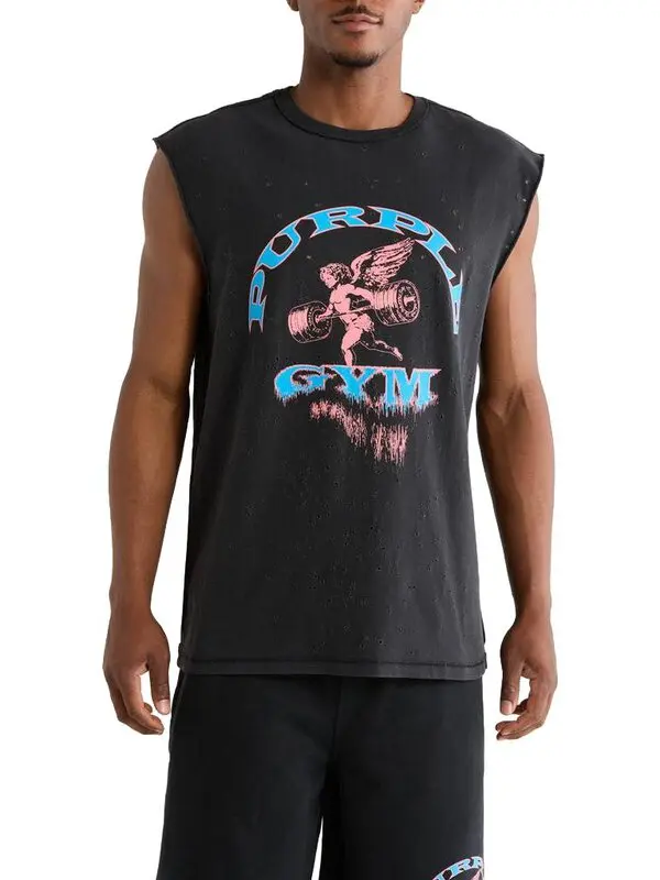 PURPLE BRAND Textured Sleeveless Cotton Graphic T-shirt - Black