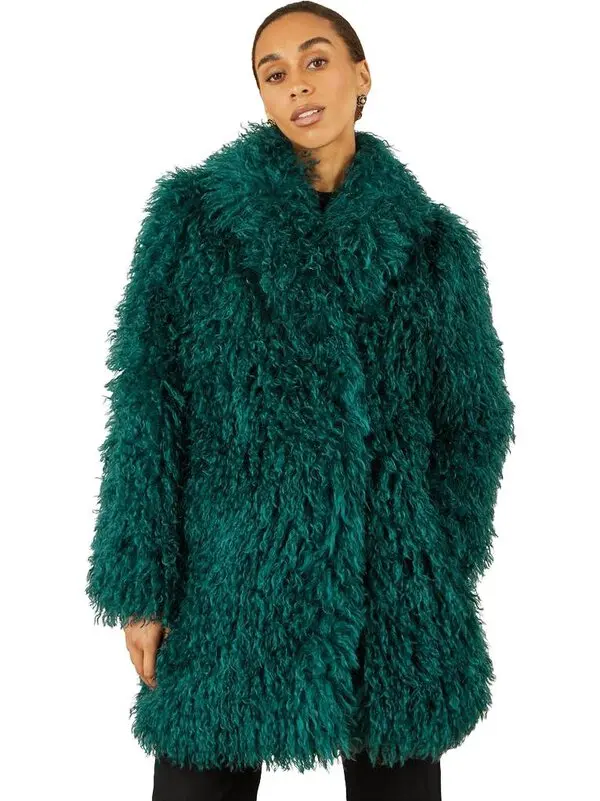 YUMI Luxe Long Hair Faux Fur Overcoat - Teal