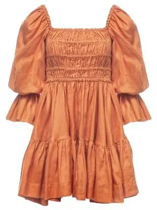 VASILIKI Amelia Ruched Linen Mini Dress - Rust Orange