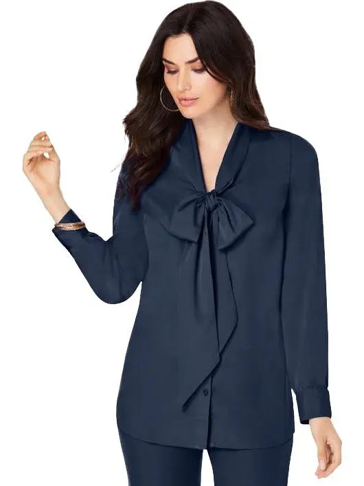 ROAMAN'S Long Sleeve Bow Blouse - Navy