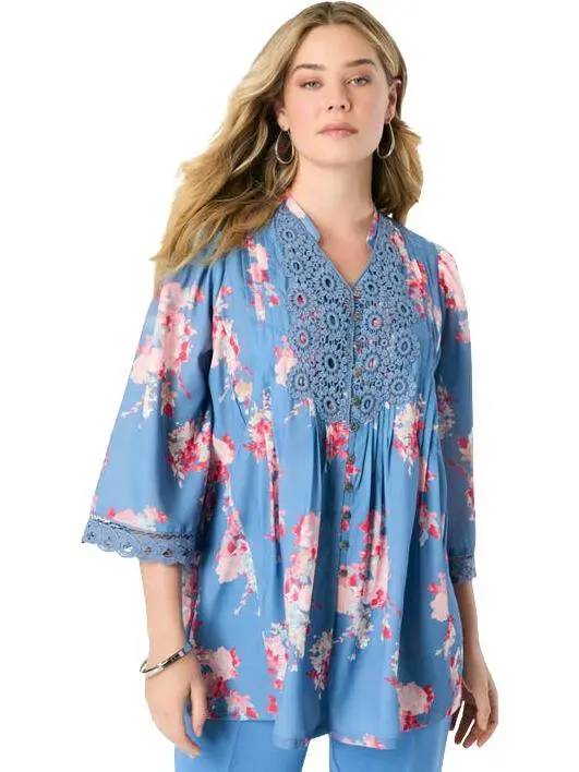 Roaman's Juliet Lace Trim Button-down Shirt - Blue