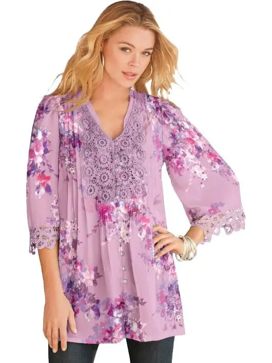 Roaman's Juliet Lace Trim Button-down Shirt - Pink