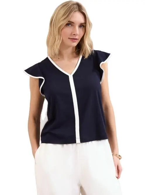 PHASE EIGHT Fleur Ruffle Sleeve V-neck Top - Navy