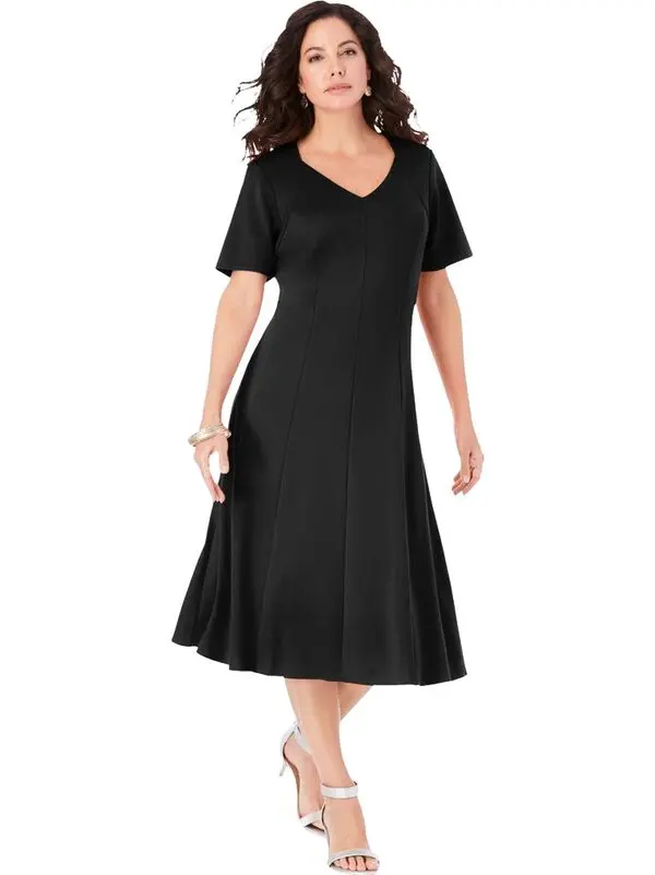 Roaman's Ponte Fit & Flare Dress With Faux Shrug - Black