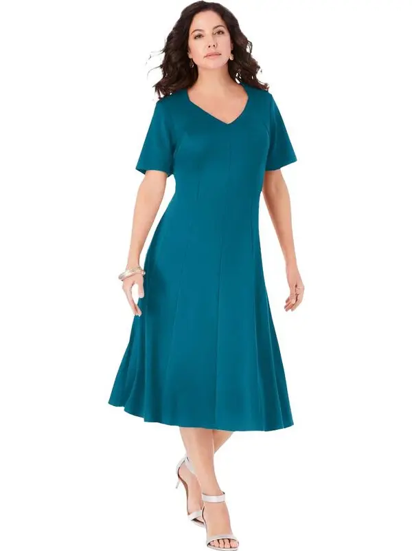 ROAMAN'S Ponte Fit & Flare Dress With Faux Shrug - Deep Teal