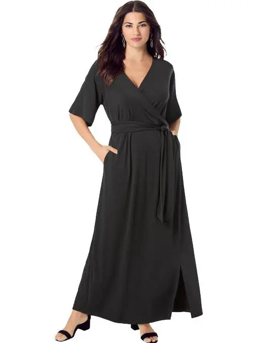 ROAMAN'S Flutter Sleeve Wrap Maxi Dress - Black