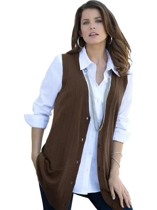 ROAMAN'S Drop Needle Vest Lightweight Sweater Knit - Chocolate