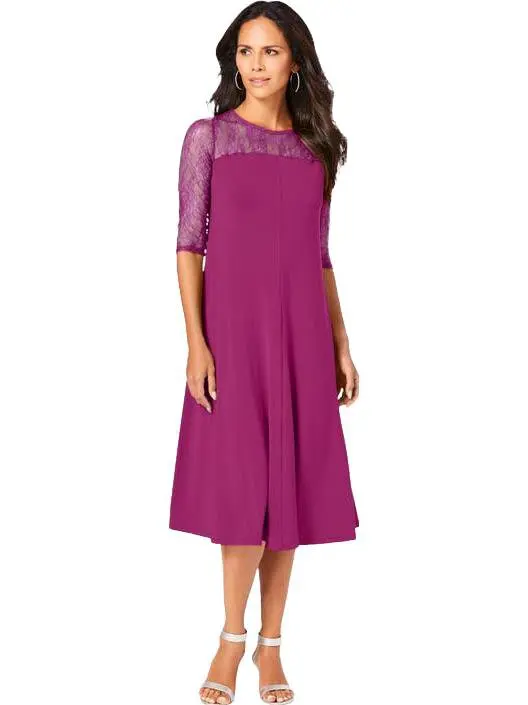 Roaman's 3/4 Sleeve Allover Lace Swing Dress - Raspberry