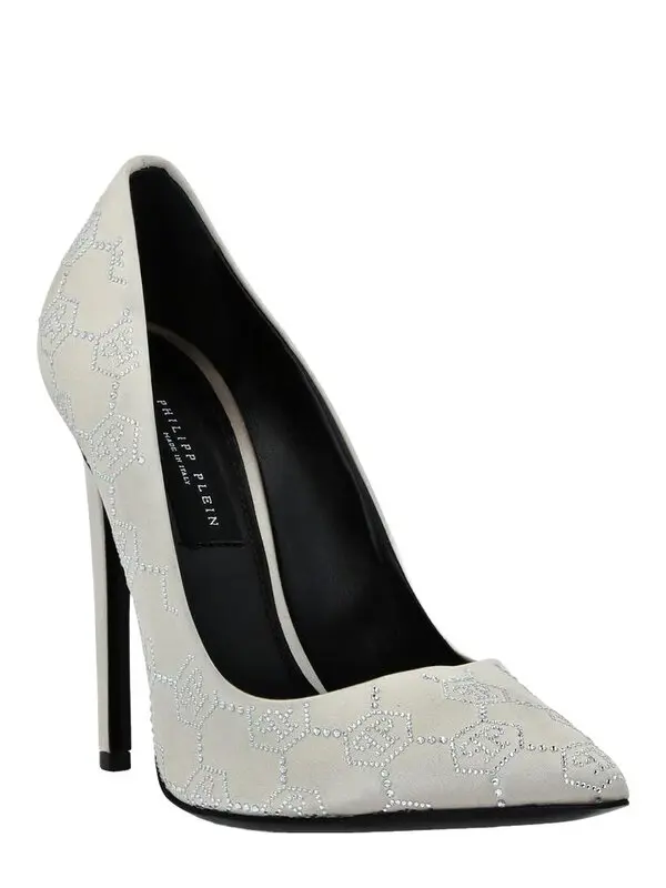 Philipp Plein Satin Monogram Embellished Stiletto Heels - Beige