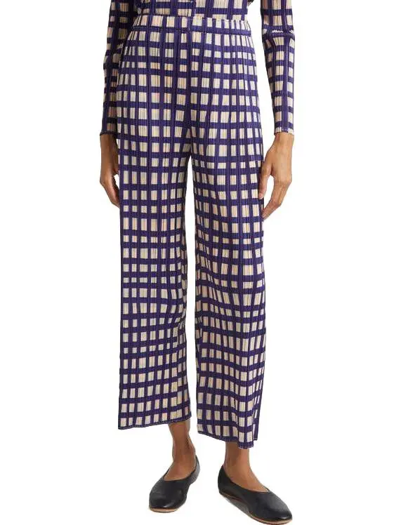 Issey Miyake Basket Print Pleated Crop Straight Leg Pants - Navy