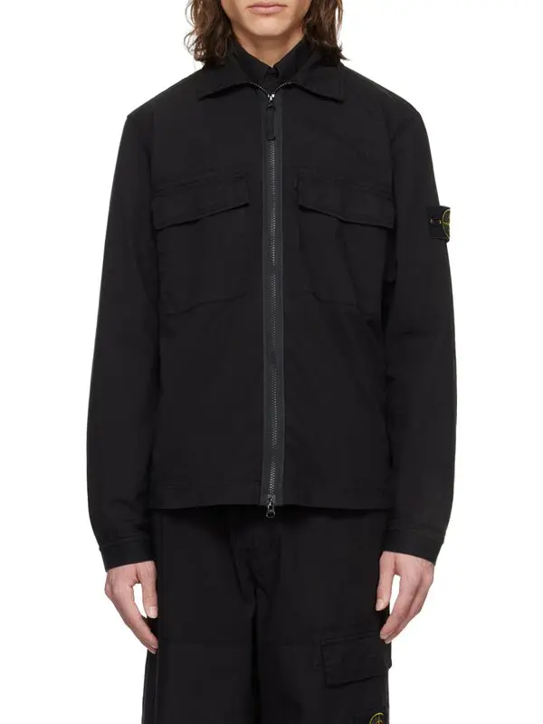 Stone Island Compass-appliqué Zip-up Shirt - Black
