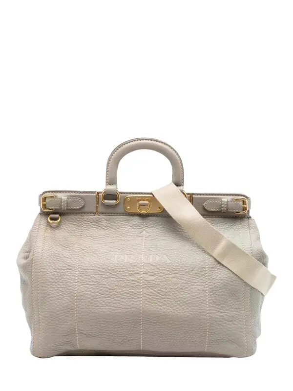 Prada Vitello Daino Canapa Logo Frame Satchel - Grey