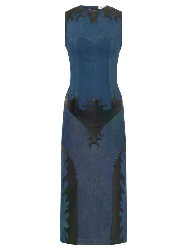 MARINE SERRE Denim Midi Dress With Leather Patches - Blue