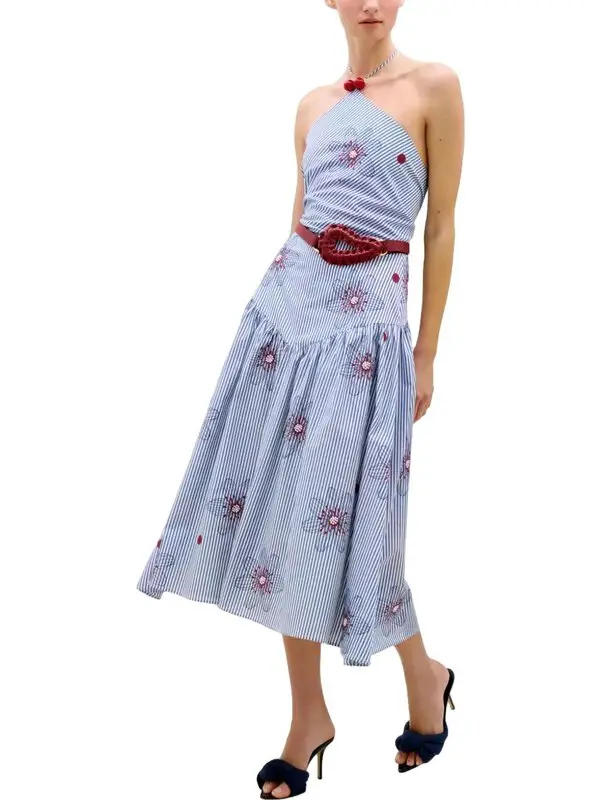 Silvia Tcherassi Floral Embroidered Striped Midi Dress - Blue