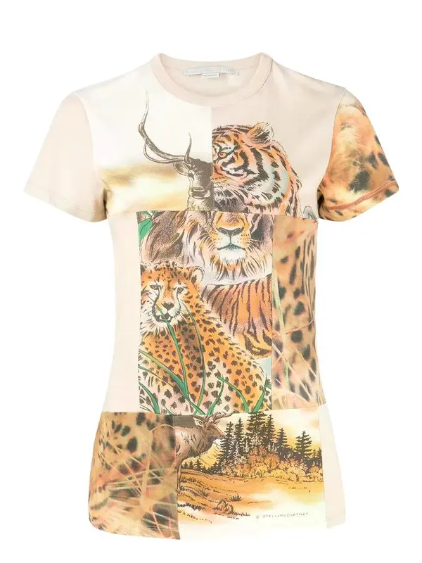 Stella McCartney Tiger Print Patchwork T-shirt - Neutrals