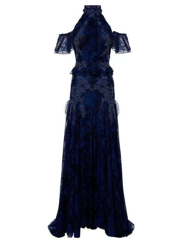 Costarellos Embellished Halterneck Lace Gown - Blue