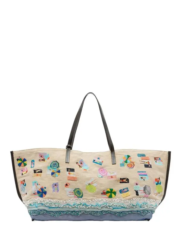 Staud Christos Large Beaded Canvas Tote Bag - Multicoloured