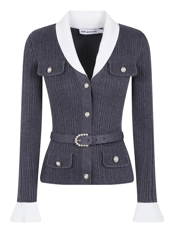 SELF-PORTRAIT Ribbed Knit Cardigan With Belt And Button Detail - Gray