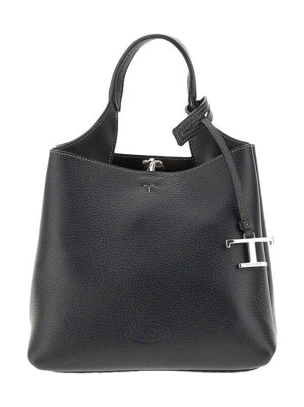TOD'S Grained Leather Mini Shopping Bag With T Timeless Charm - Black