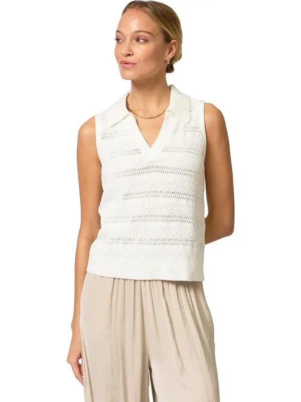 Central Park West Sleeveless Knit Top With Pointelle Zigzag Pattern And Johnny Collar - Ivory