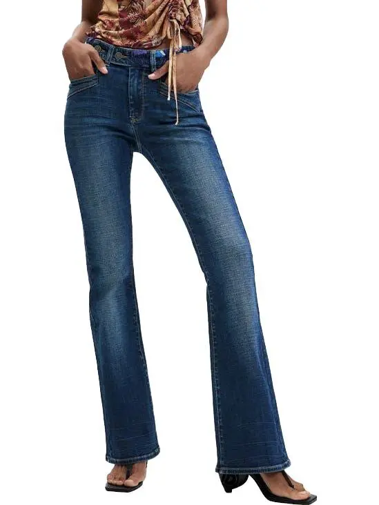 Desigual Embroidered Waistband Flare Leg Jeans - Medium Blue