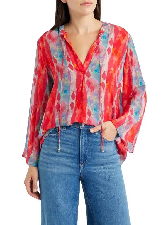 APNY Printed Split Neck Bell Sleeve Top - Red Multi