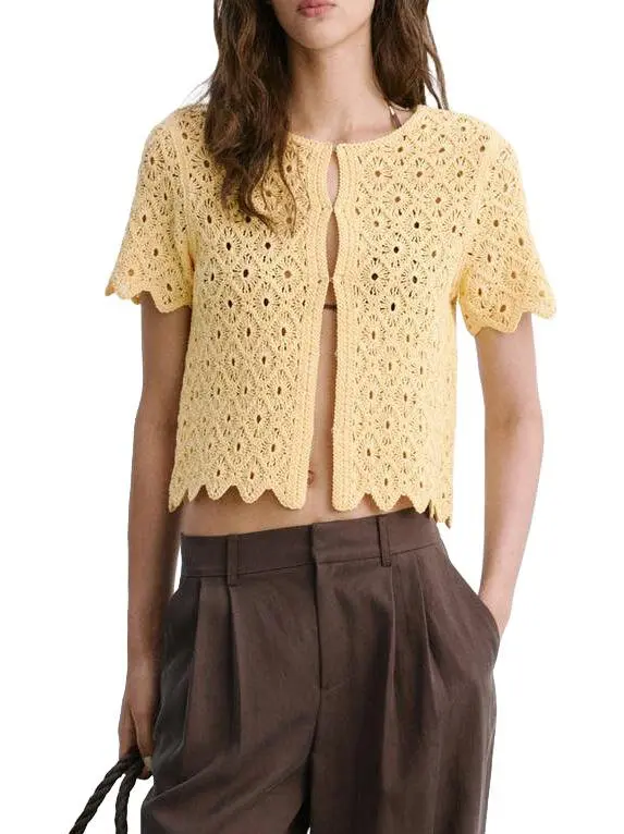Mango Openwork Crochet Knit Top With Scallop Trim - Yellow