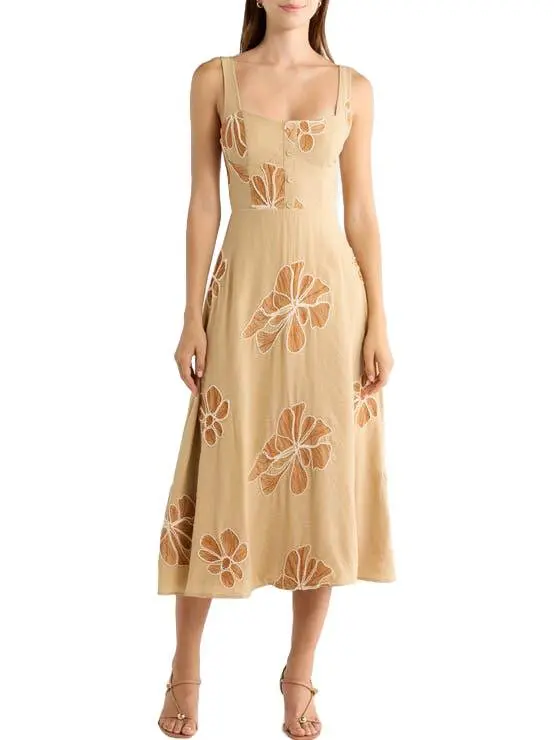 Moon River Embroidered Floral Midi Dress - Mocha Multi