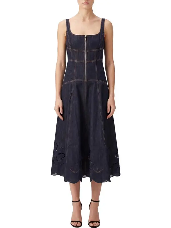 SELF-PORTRAIT Lace-trimmed Cotton Denim Midi Dress - Blue