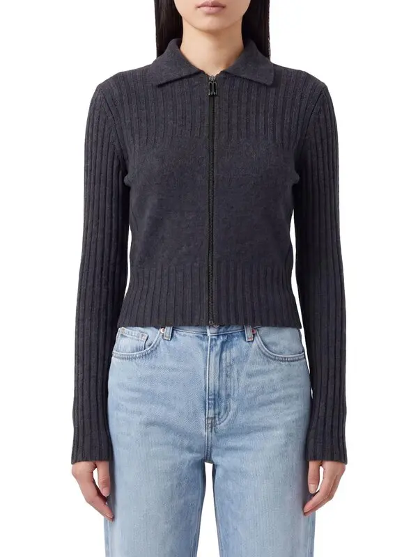 Victoria Beckham Ribbed Wool And Cashmere Zip Cardigan - Grey