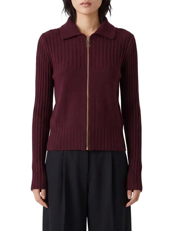Victoria Beckham Ribbed Wool And Cashmere Zip Cardigan - Violet