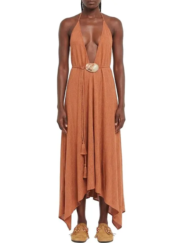 Alanui Linen Midi Dress With Halter Neck And Asymmetric Hem - Brick Red