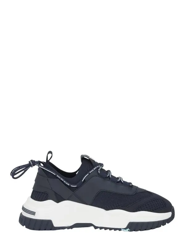 Philipp Plein Crochet Knit And Leather Low-top Sneakers With Metallic Hexagon Logo - Blue